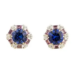 JUVETTI  Hexagon Sapphire And Diamond Halo Stud Earrings In White Gold - Blue/pink/silver