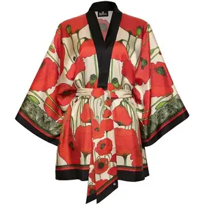 KUEEN Green / Red / White Silk Kimono Jacket Poppies Light - Green/red/white