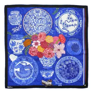 KUEEN Green / Blue / Red Silk Scarf Porcelain Dreams -sweetly Small Blue - Green/blue/red