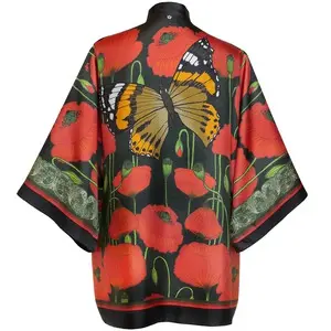 KUEEN Black / Red / Green Silk Kimono Jacket- Poppies Dark - Black/red/green