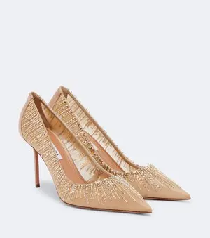 AQUAZZURA Embellished Tulle And Satin Pumps - Beige