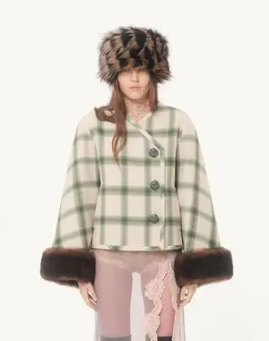 Valentino Garavani Macro Window Shearling Trimmed Caban - Vanilla/green/brown