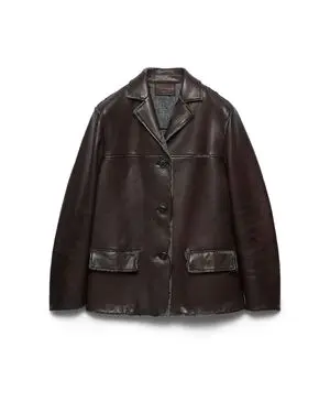 Prada Bonded Nappa Leather And Chevron Shetland Wool Jacket Brown