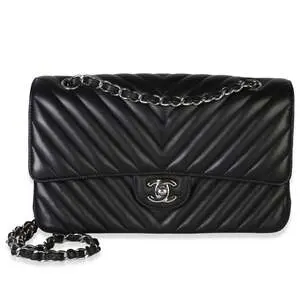 CHANEL Black Chevron Lambskin Medium Classic Double Flap Bag