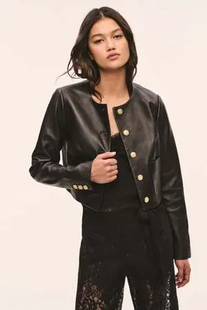LoveShackFancy Carlatta Collarless Leather Jacket - Black
