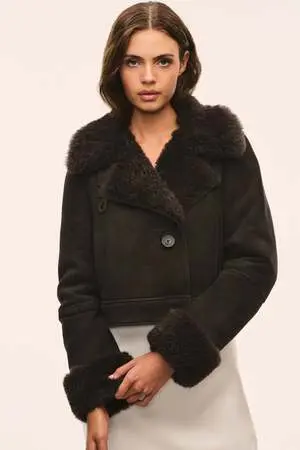 LoveShackFancy Rainier Cropped Shearling Jacket - Graphite