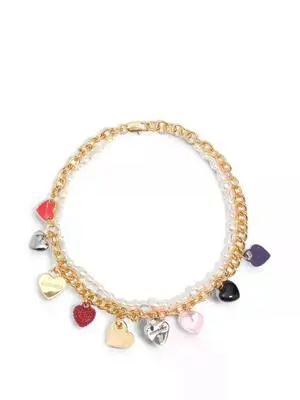 Bimba Y Lola Double-chain Necklace With Pearl Hearts And Logo - Gold