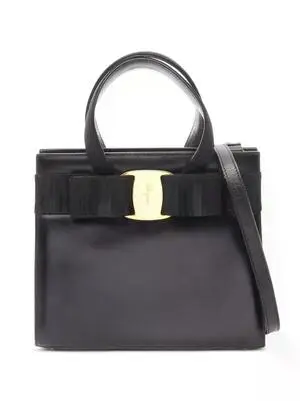 FERRAGAMO Leather Grosgrain Vara Ribbon Tote Bag - Black