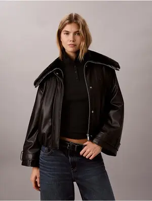 Calvin Klein Faux Leather Padded Bomber Jacket With Faux Fur Trim