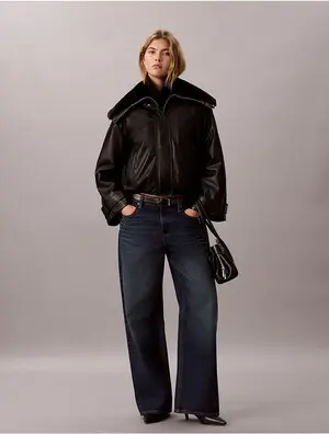 Calvin Klein Faux Leather Padded Bomber Jacket With Faux Fur Trim
