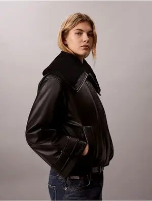 Calvin Klein Faux Leather Padded Bomber Jacket With Faux Fur Trim