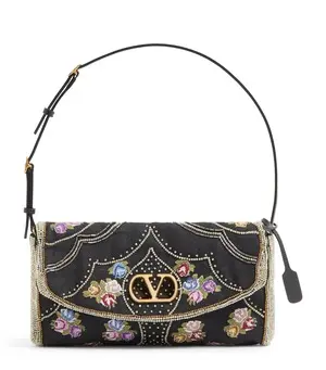 Valentino Garavani Small Linen Beaded Devain Shoulder Bag - Black
