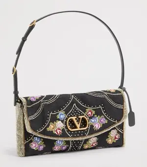 Valentino Garavani Small Linen Beaded Shoulder Bag - Black
