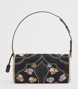 Valentino Garavani Small Linen Beaded Shoulder Bag - Black