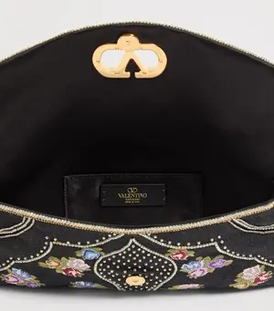 Valentino Garavani Small Linen Beaded Shoulder Bag - Black