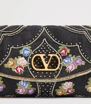 Valentino Garavani Small Linen Beaded Shoulder Bag - Black