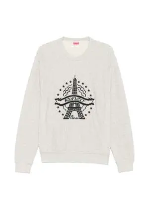 Kenzo Embroidered Cotton Sweater With Ribbed Side Panels And V-collar Insert - Grigio