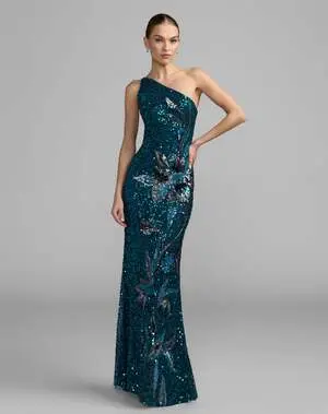 Mac Duggal Petite Teal Floral Sequin One Shoulder Gown
