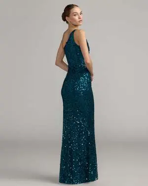 Mac Duggal Petite Teal Floral Sequin One Shoulder Gown