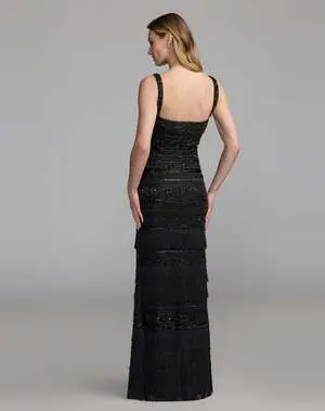 Mac Duggal Geometric Embellished Gown With Tiered Fringe