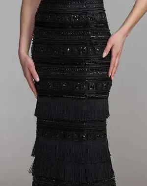 Mac Duggal Geometric Embellished Gown With Tiered Fringe