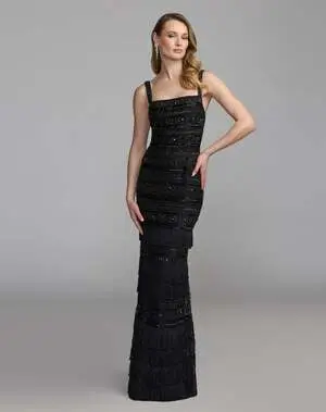 Mac Duggal Geometric Embellished Gown With Tiered Fringe
