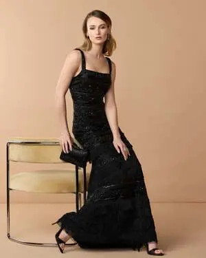 Mac Duggal Geometric Embellished Gown With Tiered Fringe