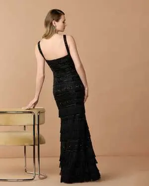 Mac Duggal Geometric Embellished Gown With Tiered Fringe