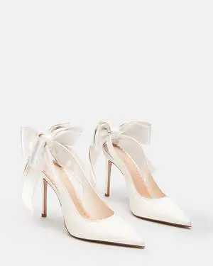Steve Madden Teacup Pointed Toe Heels With Bow Detailing - Ivory Satin