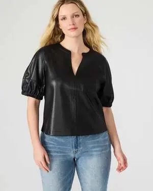 Steve Madden Faux Leather Puff Sleeve Top - Black