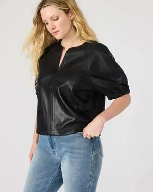 Steve Madden Faux Leather Puff Sleeve Top - Black