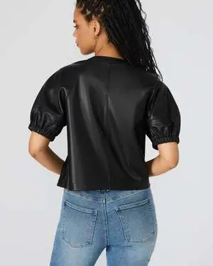Steve Madden Faux Leather Puff Sleeve Top - Black