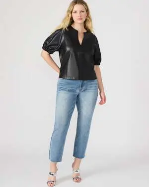Steve Madden Faux Leather Puff Sleeve Top - Black