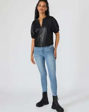 Steve Madden Faux Leather Puff Sleeve Top - Black