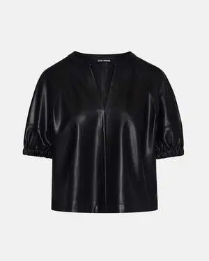 Steve Madden Faux Leather Puff Sleeve Top - Black