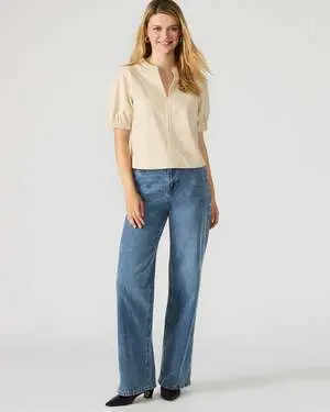 Steve Madden Short Sleeve Faux Leather Top - Bone