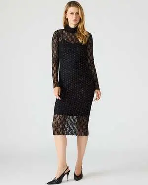 Steve Madden Vivienne Studded Lace Dress Long Sleeve Mesh Dresses - Black