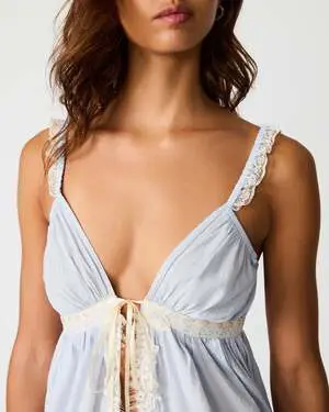 Steve Madden Sleeveless Lace Trimmed Top With Tie Front - Blue Ice