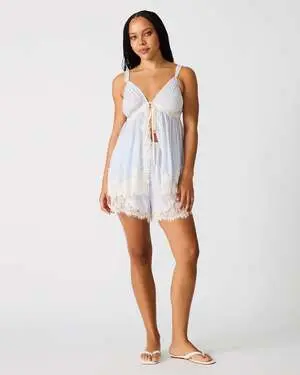 Steve Madden Sleeveless Lace Trimmed Top With Tie Front - Blue Ice