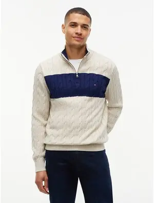 Tommy Hilfiger Cable Knit Striped Quarter-zip Sweater - Beige
