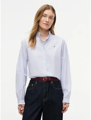 Tommy Hilfiger Ruffle Trim Cropped Oxford Shirt - Seldom Blue