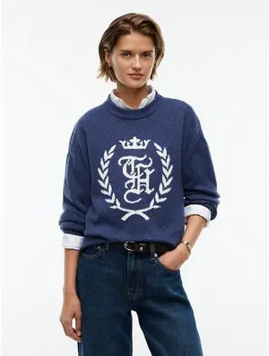 Tommy Hilfiger Intarsia Laurel Leaf Logo Sweater - Blue