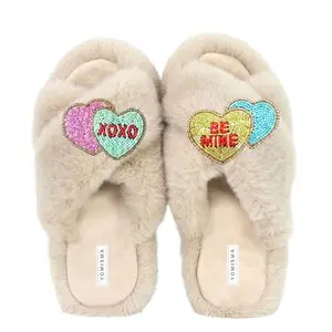 YOMISMA Eco Faux Fur Slippers With Removable Beaded Brooches - Beige