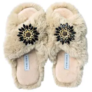 YOMISMA Recycled Faux Fur Slippers With Embellished Jewel Detailing - Beige/black