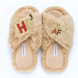 YOMISMA Neutrals Eco Faux Fur Slippers – Jolly Af + Ho³ Rhinestone Brooches - Beige