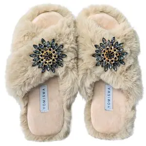 YOMISMA Faux Fur Slippers With Jewel Embellishments - Beige/gray