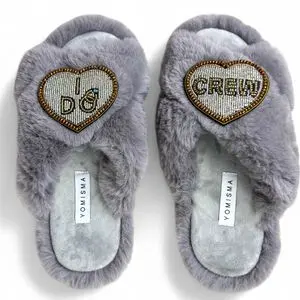 YOMISMA Eco Faux Fur Slippers With 'i Do Crew' Beaded Brooches - Grey