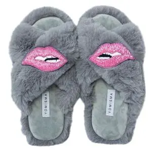 YOMISMA Faux Fur Slippers With Beaded Brooches - Grey