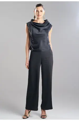Natori Luxe Satin Drape Neck Top - Black