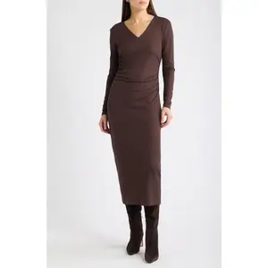 Sam Edelman Side Ruched Long Sleeve Maxi Dress - Espresso